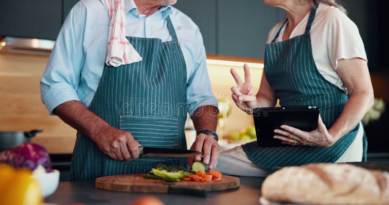 Learning, Couple or Hands Cooking with Tablet for Recipe Method, Dinner ...