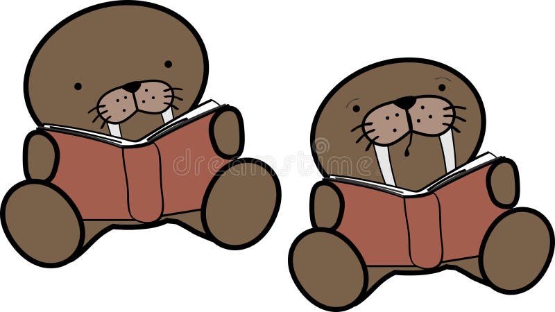 Learning Cute Baby Walrus Character Cartoon Sitting Reading Set Stock ...