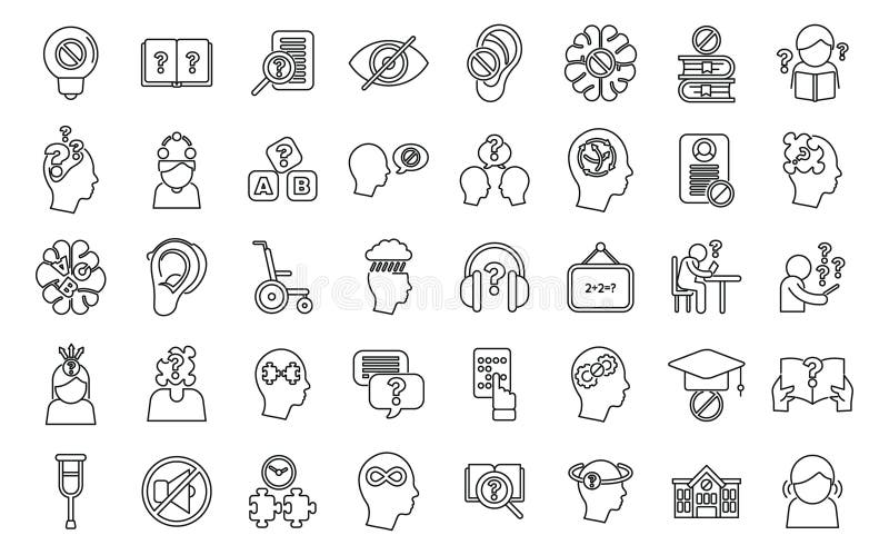 Learning Disability Icons Set Outline Vector. Education Insclusive ...