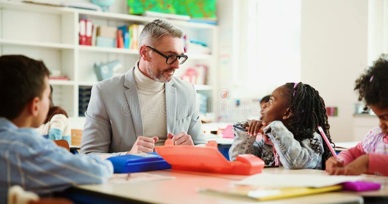 Learning, Discussion and Teacher with Kids in Classroom for Advice ...