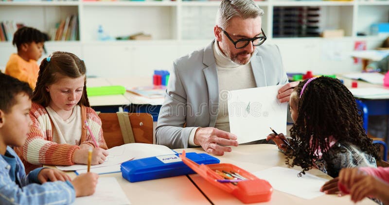 Learning, Drawing and Teacher with Kids in Classroom for Advice, Sketch ...