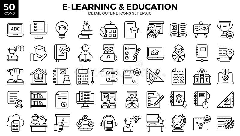 Learning and Education Detailed Outline Icons Set.Vector Illustration ...