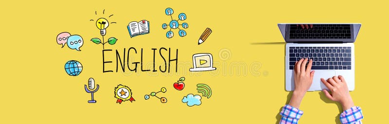 Learning English Concept with Woman Using a Laptop Stock Illustration ...