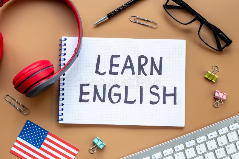 Learning English Online Lessons Concept. Text on Student Table Stock ...