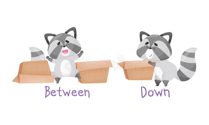 Learning English Preposition Set. Cute Cat between and Down the Box ...