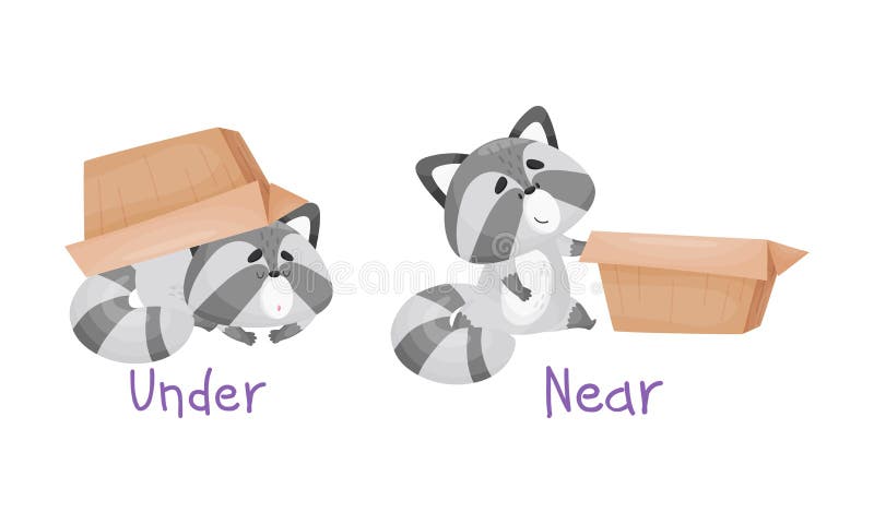 Learning English Preposition Set. Cute Cat Under and Near the Box Stock ...