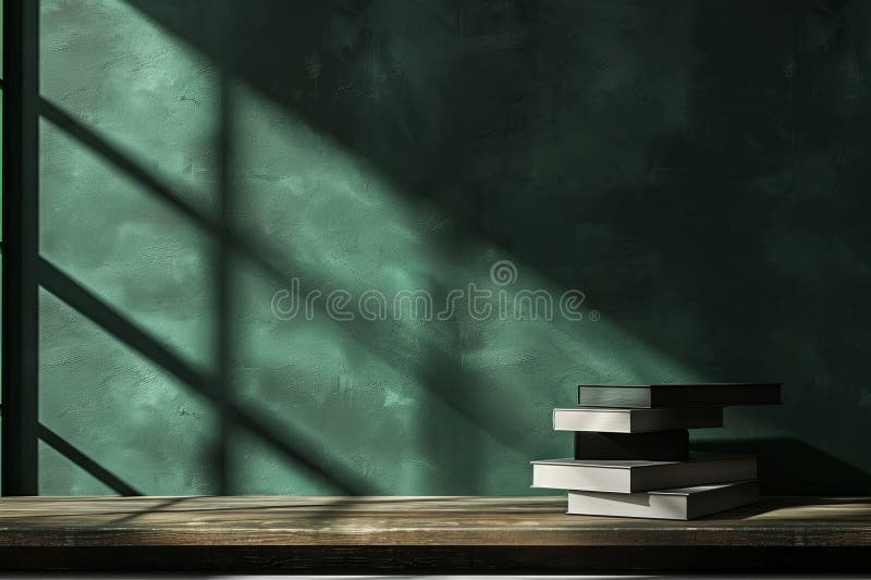 Learning Environment Books Displayed on Table with Blackboard Backdrop ...