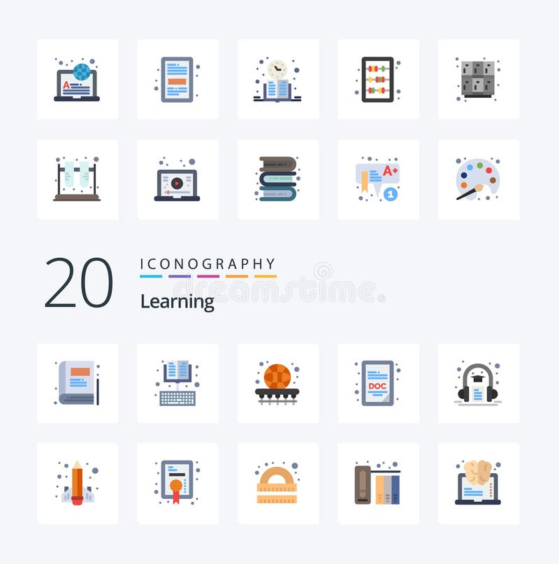 20 Learning Flat Color Icon Pack Like Book Doc File Ball Doc Extension Learning Stock Vector