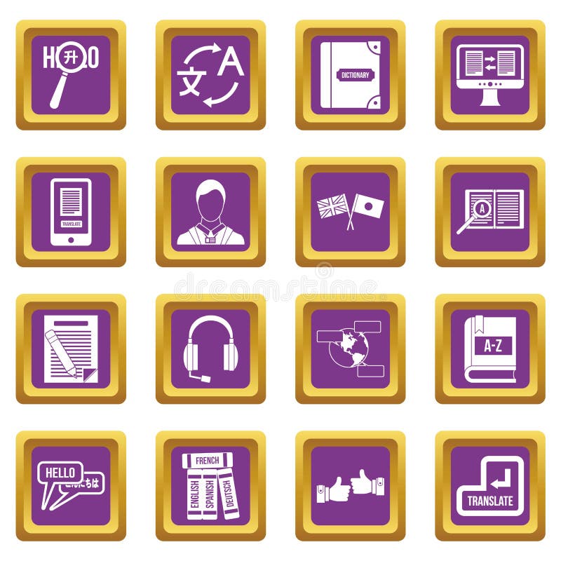 Learning Foreign Languages Icons Set Purple Stock Vector - Illustration ...