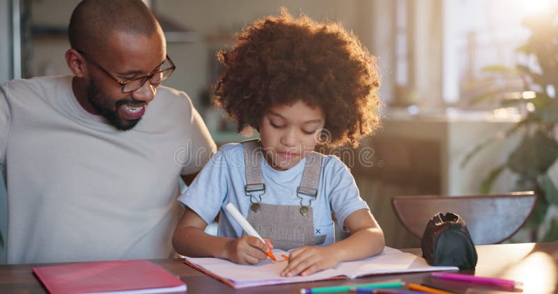 Learning, Help and Father with Kid in Home School for Education ...