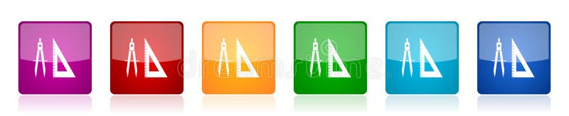 Learning Icon Set, Colorful Square Glossy Vector Illustrations in 6 ...