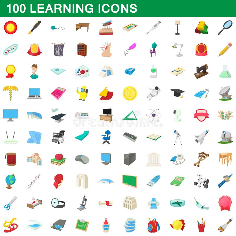 100 Learning Icons Set, Cartoon Style Stock Vector - Illustration of ...