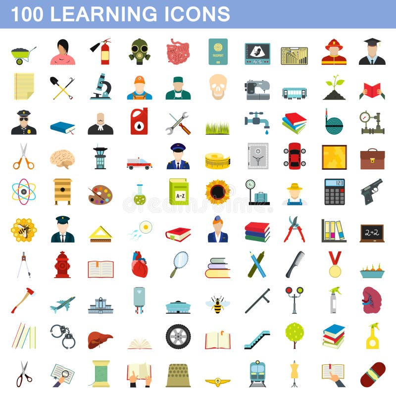100 Learning Icons Set, Flat Style Stock Vector - Illustration of ...