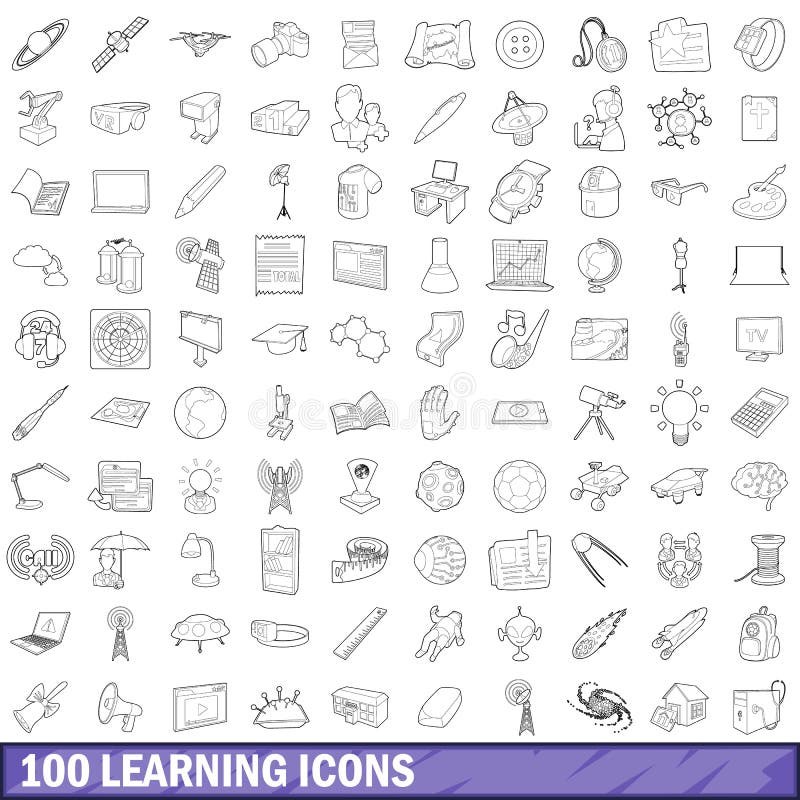 100 Learning Icons Set, Outline Style Stock Vector - Illustration of ...