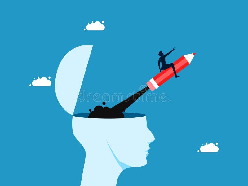 Learning and Imagination. Man Flying with a Pencil Out of a Human Head ...