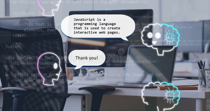 Learning JavaScript, AI Icons and Text Bubbles on Computer Screen in ...