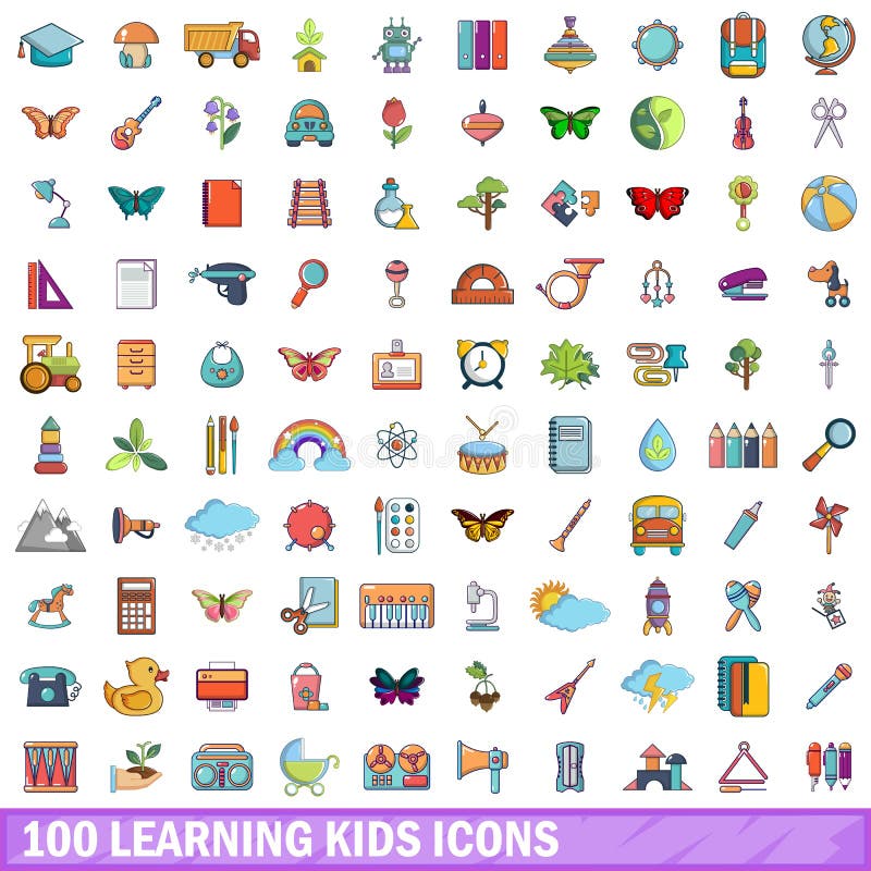 100 Learning Kids Icons Set, Cartoon Style Stock Vector - Illustration ...