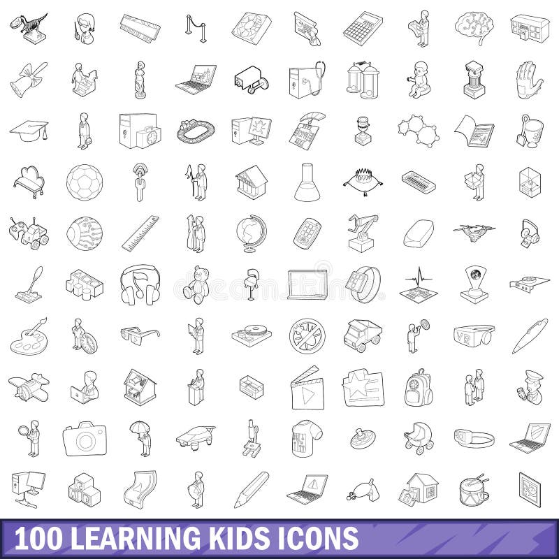100 Learning Kids Icons Set, Outline Style Stock Vector - Illustration ...