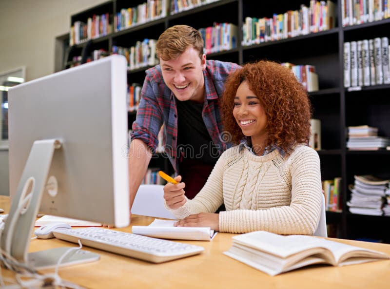 Learning, Library and Team of Students on Computer for Help on Exam ...