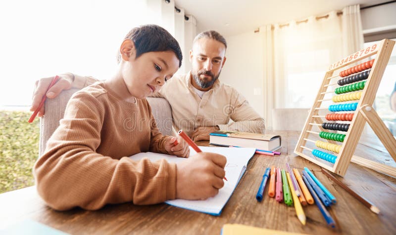Education, Father and Son with Homework, Talking and Learning at Home ...