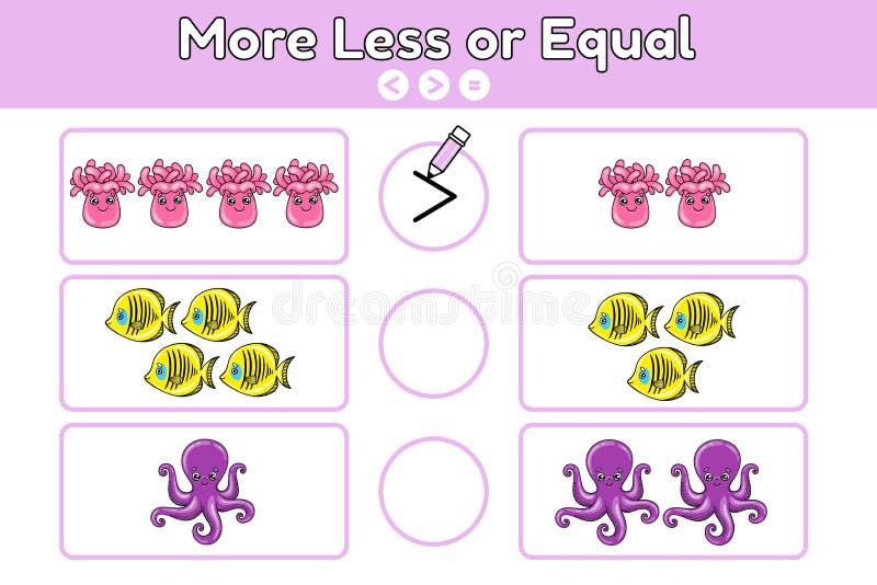 Math Game More less or Equal Sea Animals-4 Stock Vector - Illustration ...