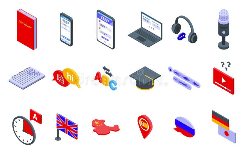 Learning a New Language Icons Set Isometric Vector. Learn Education ...