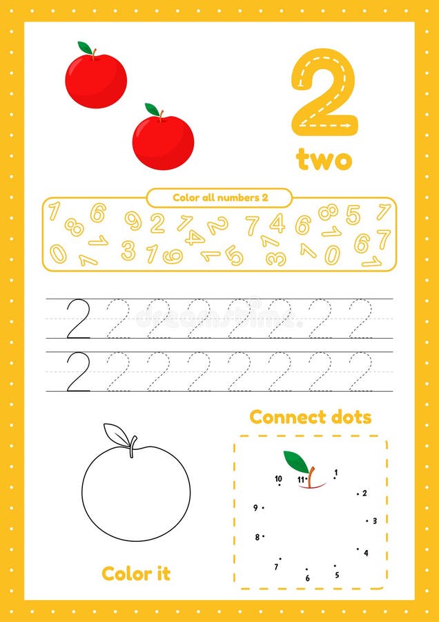 Learning Numbers. Number 2. Trace, Color, Dot To Dot on One Page Stock ...