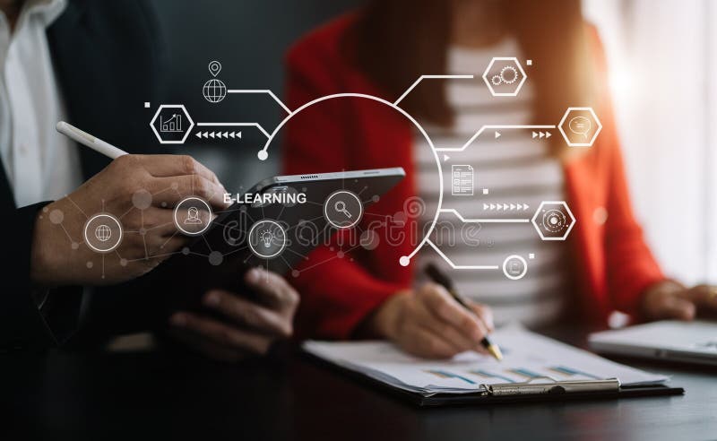 Learning Online Working Concept. Business Team Working on Tablet and ...