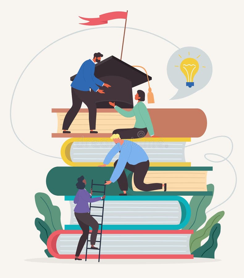 Learning Progress. Businessman with Laptop on Growing Stack of Books ...