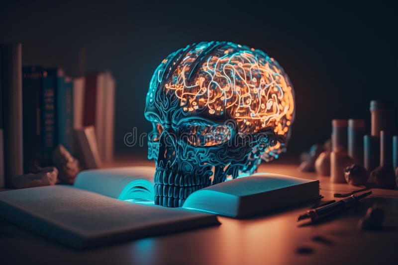 Learning Psychedelic Skull Brain with Neon Lights Stock Illustration ...