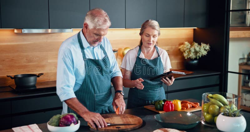 Learning, Senior Couple or Cooking on Tablet for Recipe Method, Dinner ...