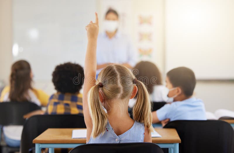 Learning, Smart and Little Girl in Class Holding Up a Hand To Answer a ...