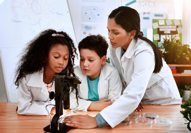 Learning, Students and Children in Classroom for Microscope, Teacher ...