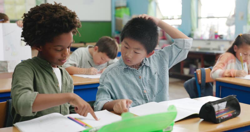 Learning, Students and Kids Help To Study in Classroom for Knowledge ...