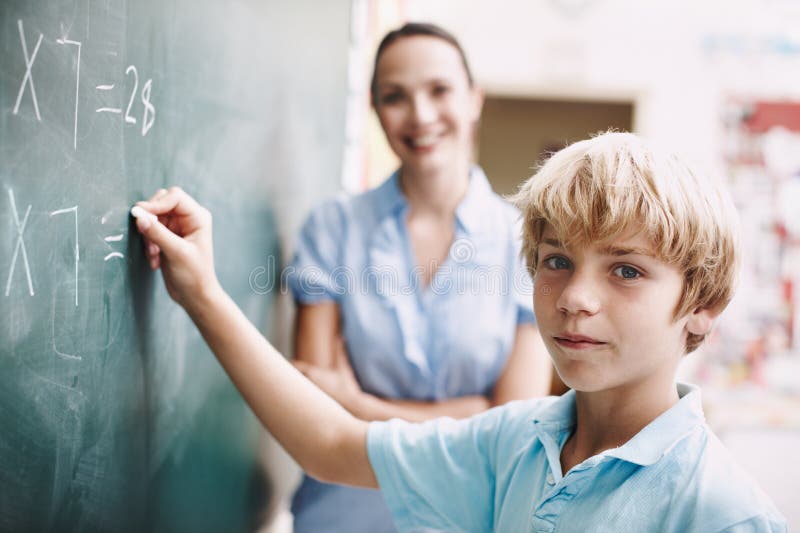 Learning, Teacher or Student Portrait at Chalkboard in Classroom for ...