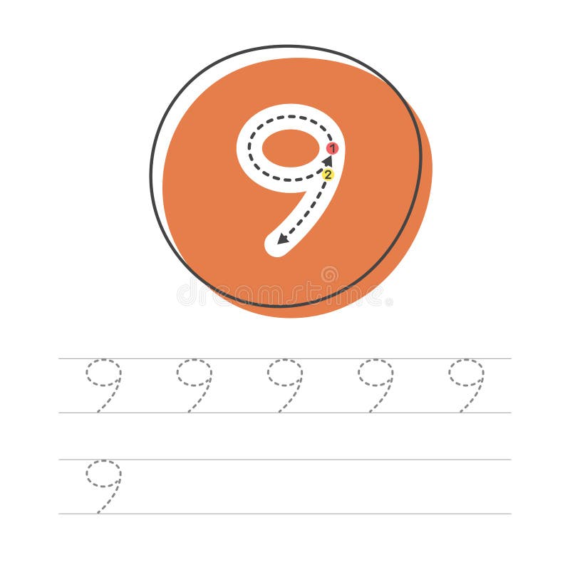 Learning To Write Numeral 9 Stock Vector - Illustration of number, kids ...