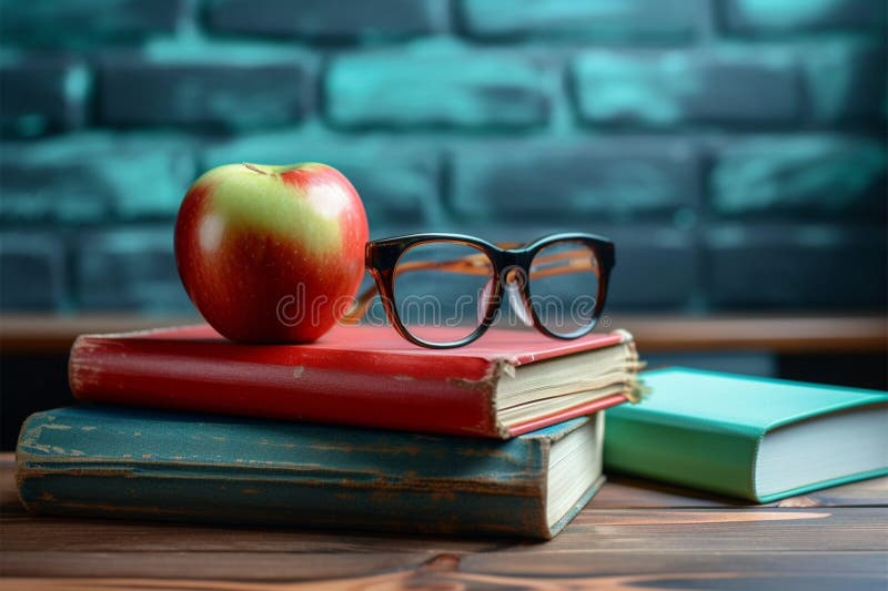 Learning Tools Glasses, Books, Apple on Table, Classroom Atmosphere ...