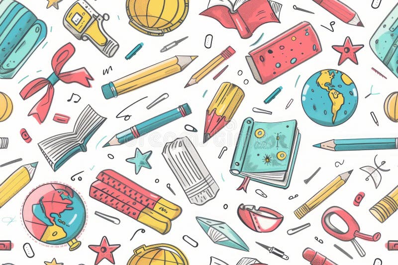Learning Tools Repeat: Seamless Pattern with School Pencils, Books, and ...