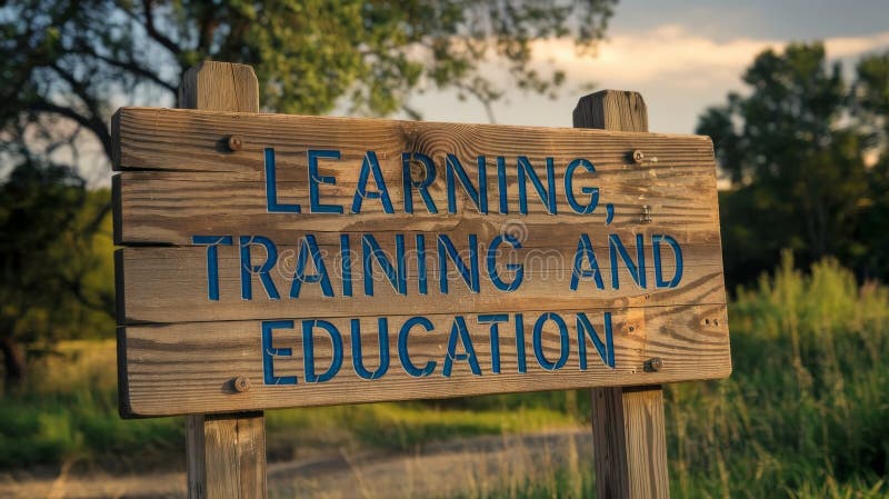 Learning, Training and Education Text on Wooden Road Sign Outdoors in ...