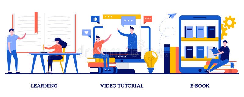Learning, Video Tutorial, Ebook Concept with Tiny People. Education and ...