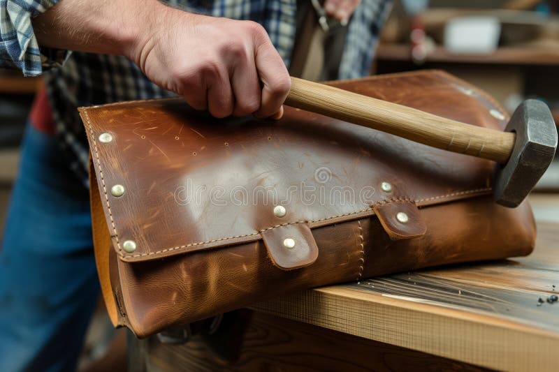 Leather Artisan Using a Hammer To Set Rivets in a Bag Stock Image ...