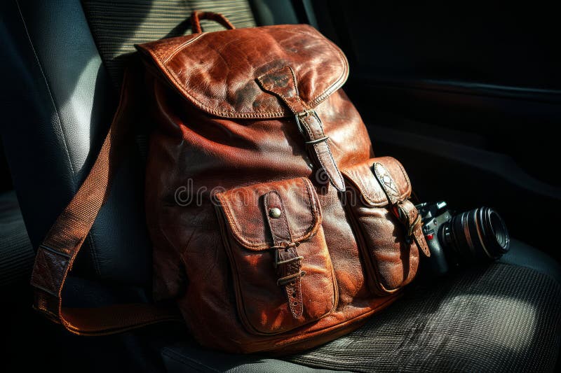 Leather Backpack on Car Seat Stock Photo - Image of compact, luggage ...