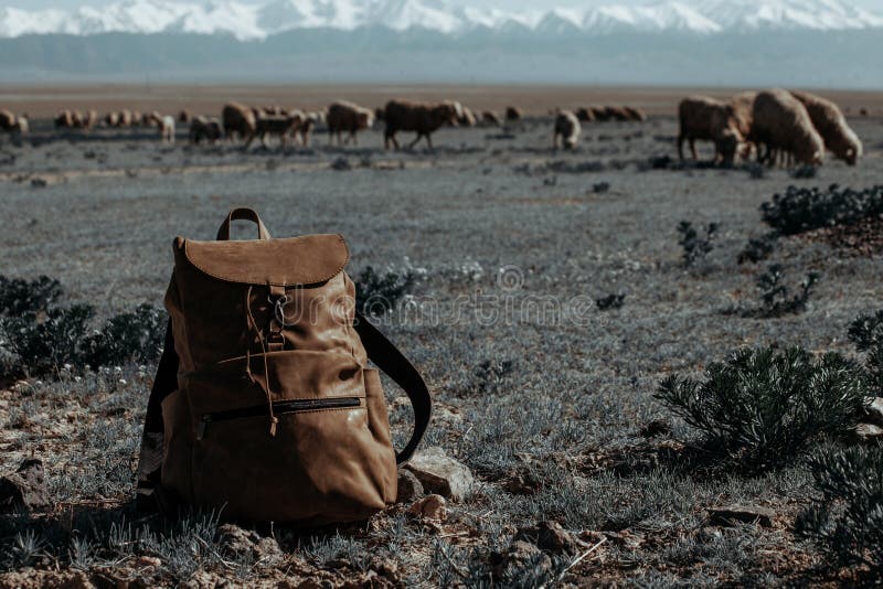Leather Backpack on the Ground with Big Mountains on Background Stock ...