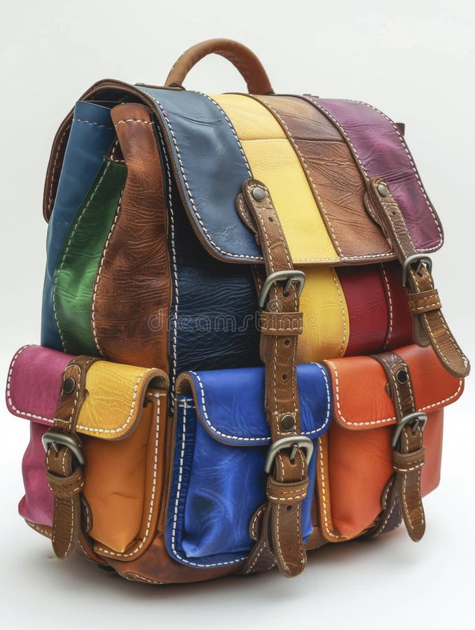 Leather Backpack Made of Patches of Different Colors on White Isolated ...