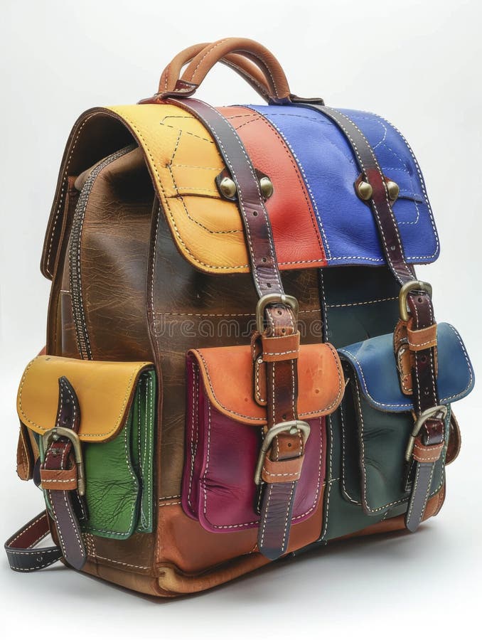 Leather Backpack Made of Patches of Different Colors on White Isolated ...