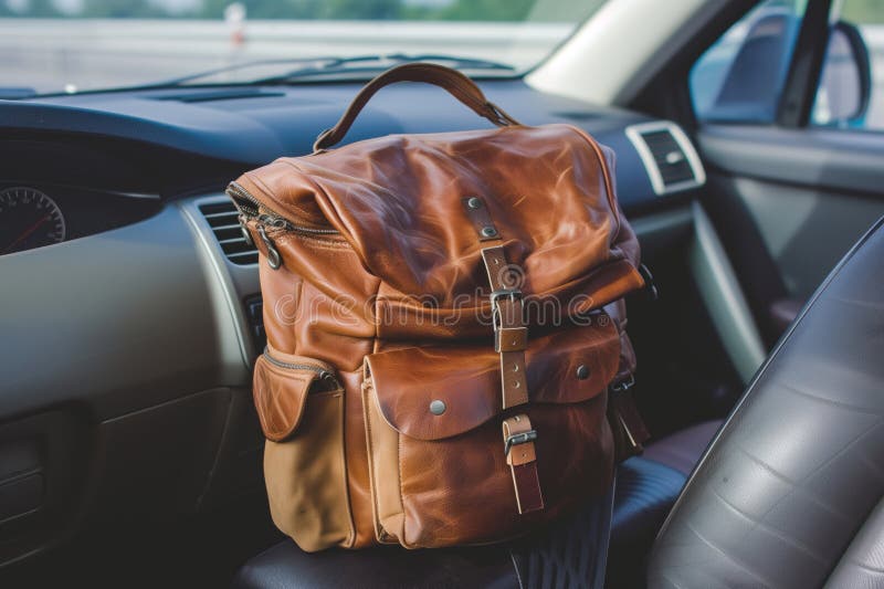 Leather Backpack Placed on a Cars Front Passenger Seat Stock Image ...