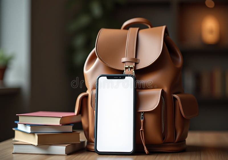 Leather Backpack with Smartphone and Books: Symbol of Modern Student ...