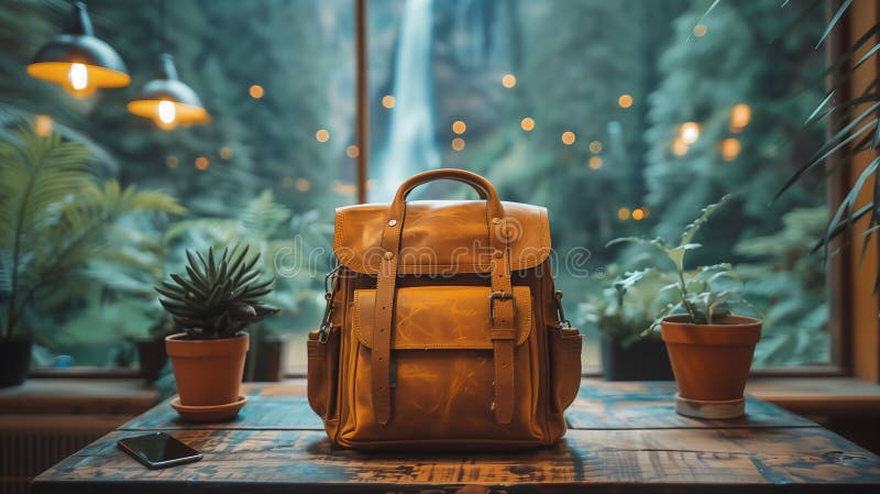 A Leather Backpack on a Table in Front of a Waterfall Stock ...