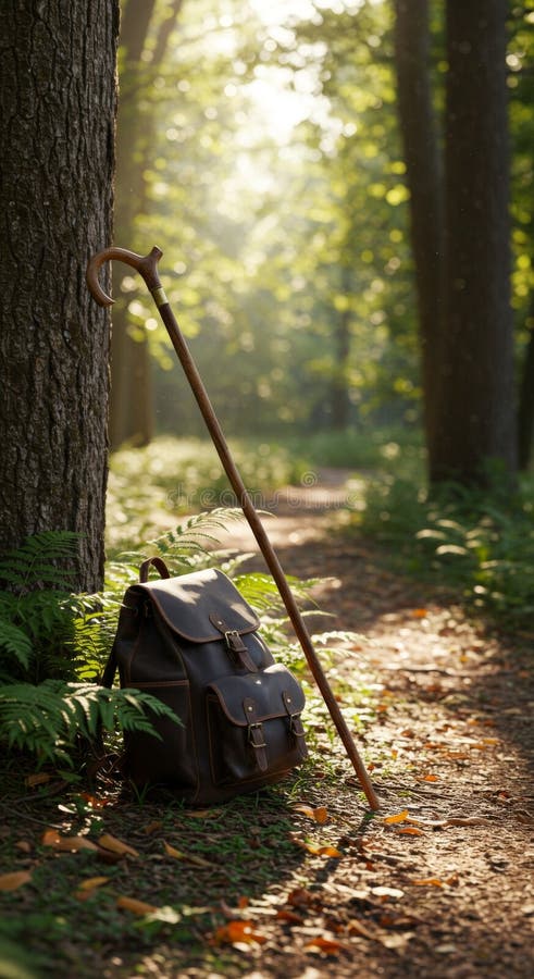Leather Backpack and Walking Stick on Forest Path Stock Illustration ...