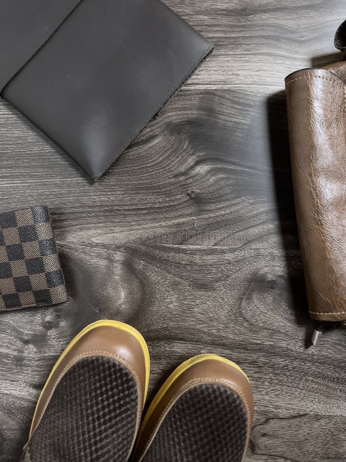 Leather Bag with Gadgets and Notebooks on Wooden Work Desk Stock Photo ...